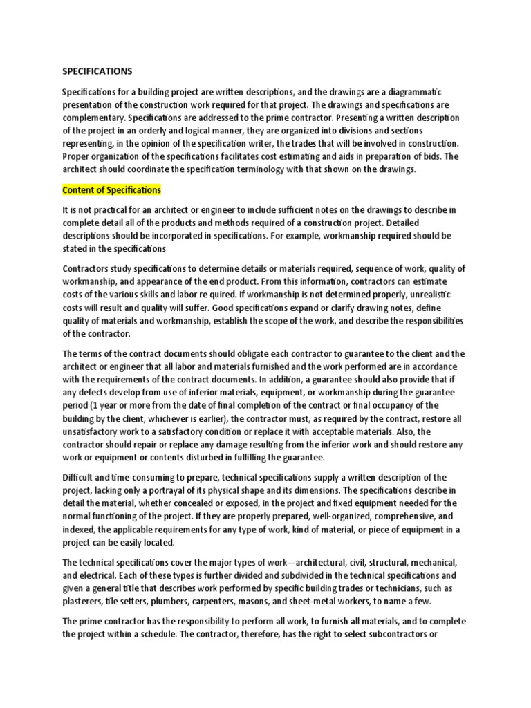 Content of Specifications | PDF | Specification (Technical Standard) | Architect