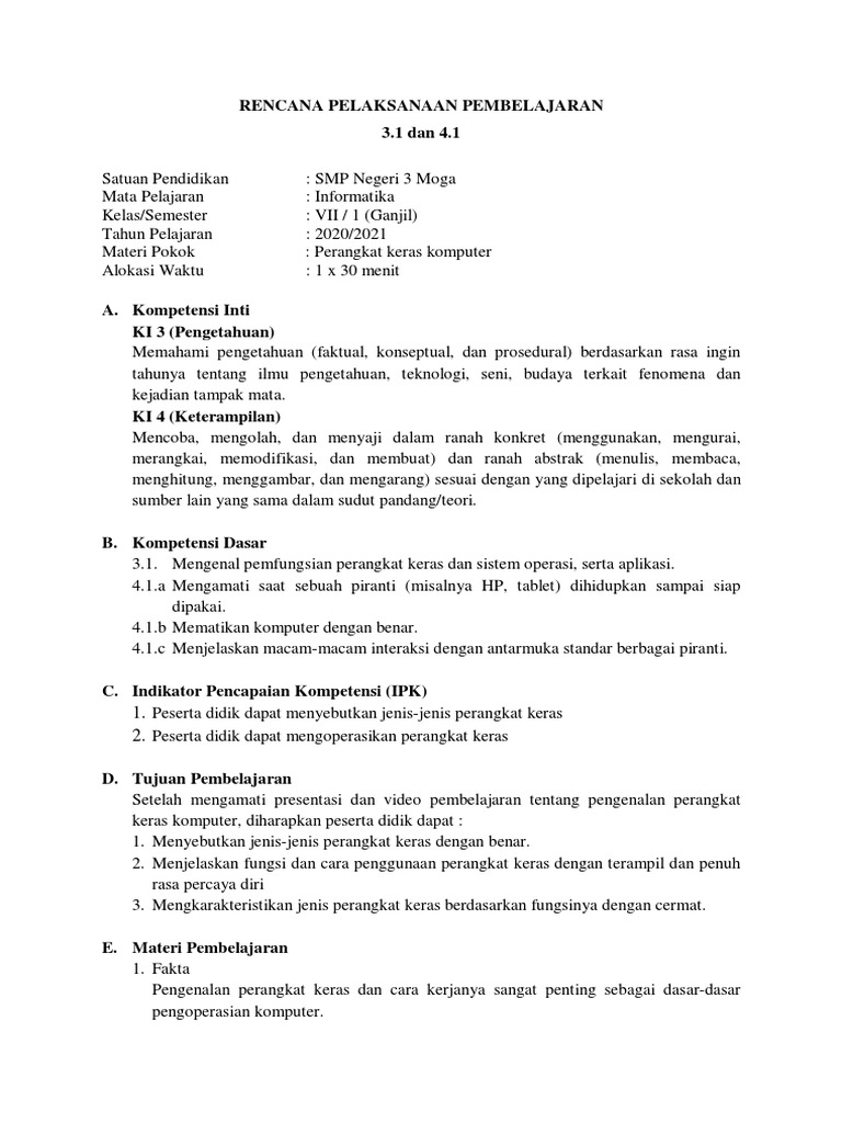 Rpp Informatika 3 1a Smp Kelas Vii Daring Pdf