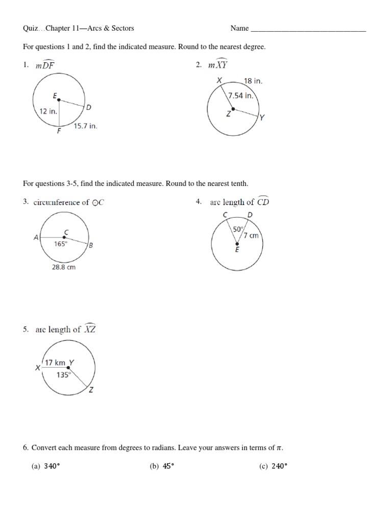 Ch. 11 Quiz - Arcs & Sectors | PDF | Teaching Methods & Materials ...