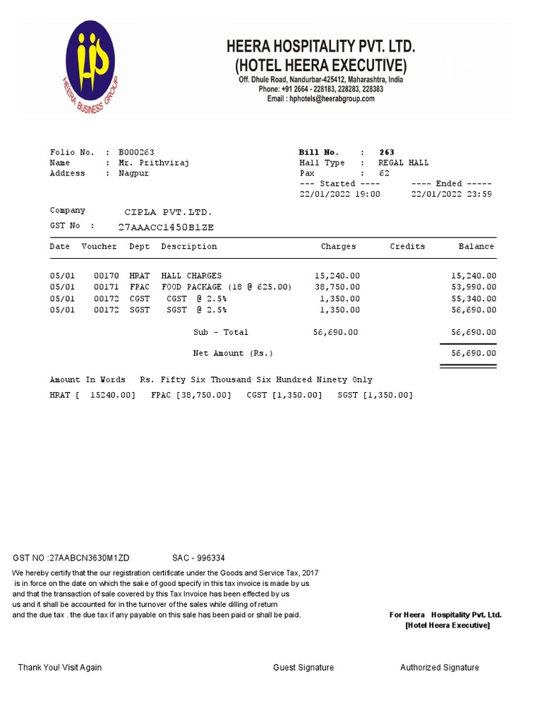 Invoice for a Corporate Event at Regal Hall Detailing Charges, Taxes ...