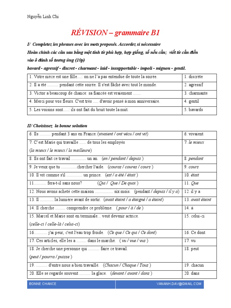 Révision de grammaire B1 : Exercices et solutions | PDF | Art