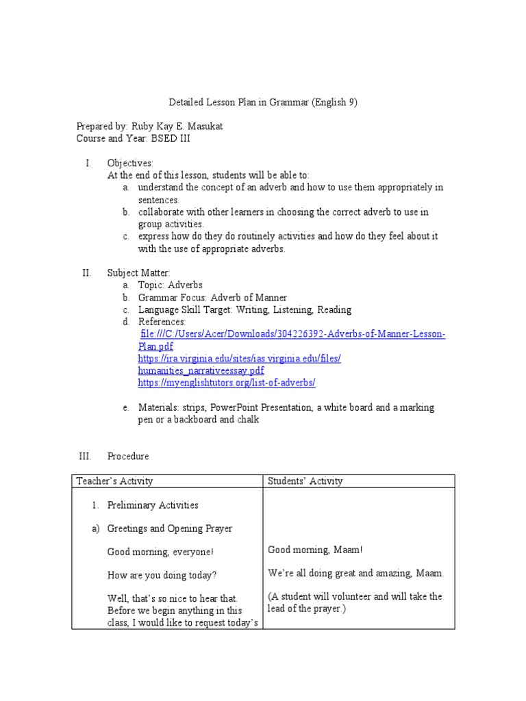 Detailed Lesson Plan | PDF | Adverb | Adjective