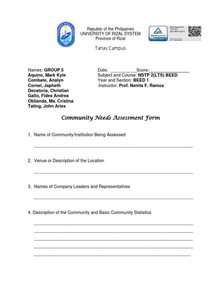 NSTP Community Needs Assessment Form | PDF | Needs Assessment