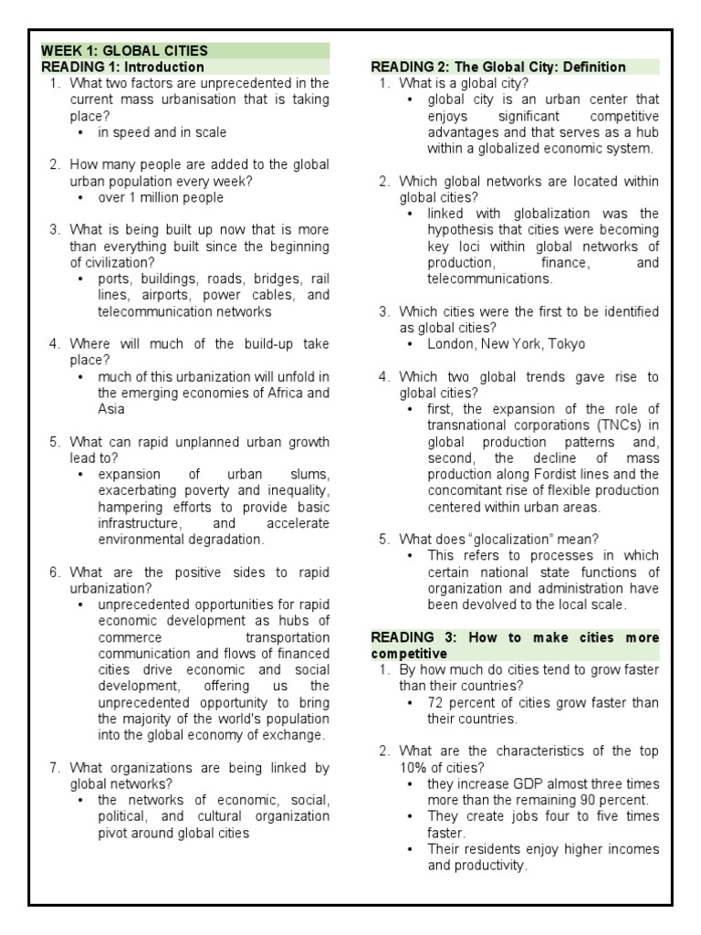Week 1: Global Cities READING 1: Introduction READING 2: The Global ...