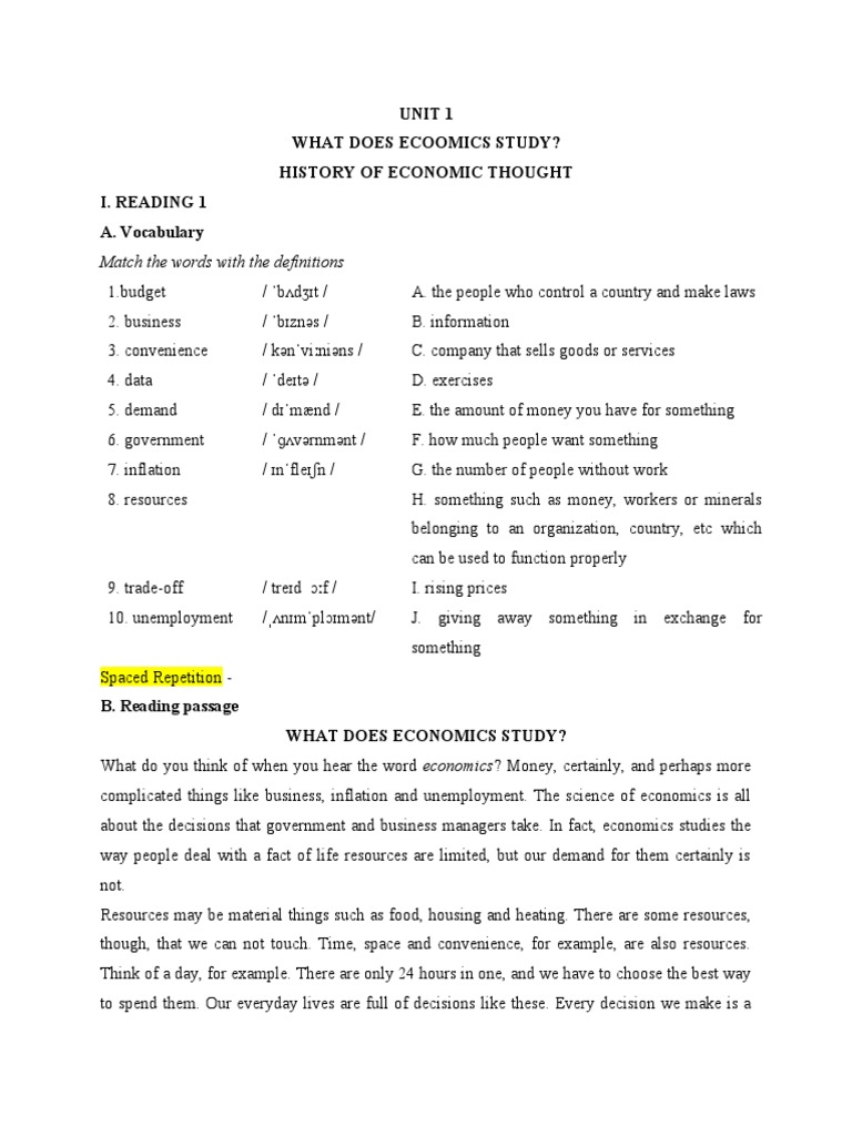 Unit 1 What Does Ecoomics Study? History of Economic Thought I. Reading ...