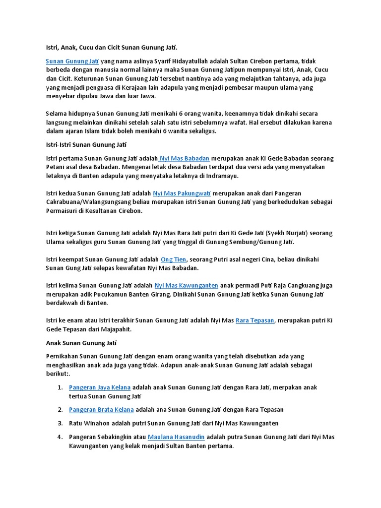 Istri, Anak, Cucu Dan Cicit Sunan Gunung Jati - Sejarah Cirebon | PDF
