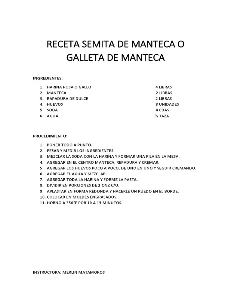 Receta Semita de Manteca o Galleta de Manteca | PDF