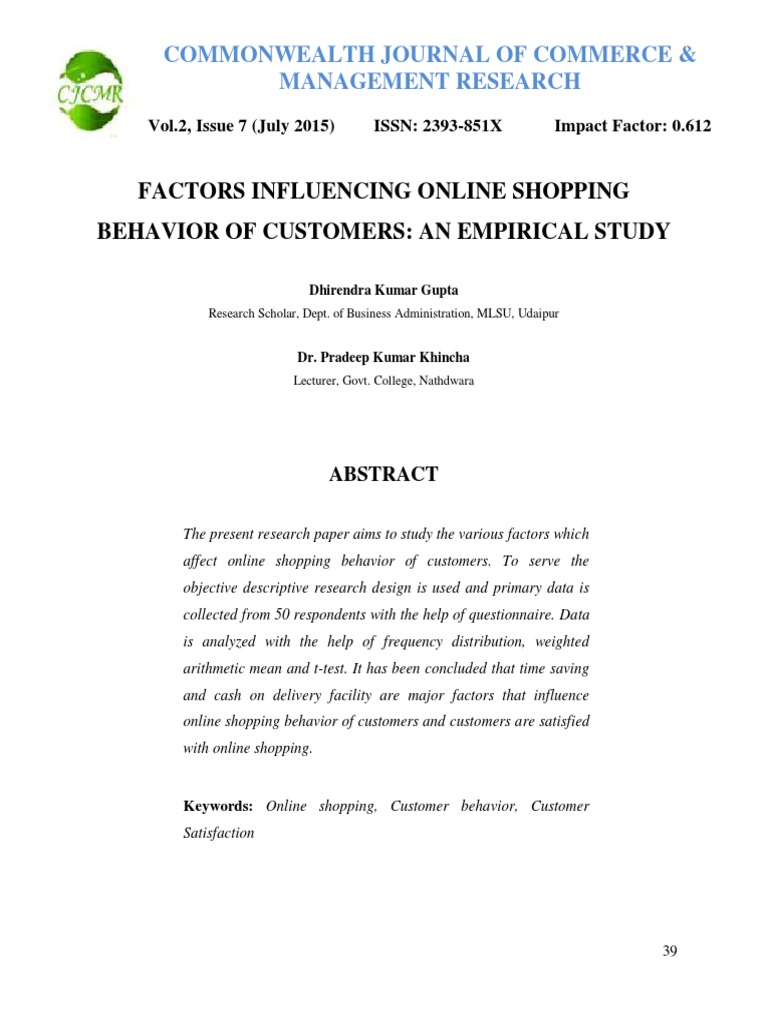 Factors Influencing Online Shopping Behavior of Customers: An Empirical Study | PDF | Online ...