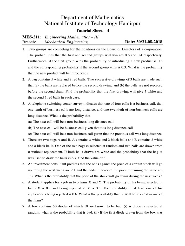Engineering Mathematics Tutorial Sheet Probability Problems | PDF | Probability