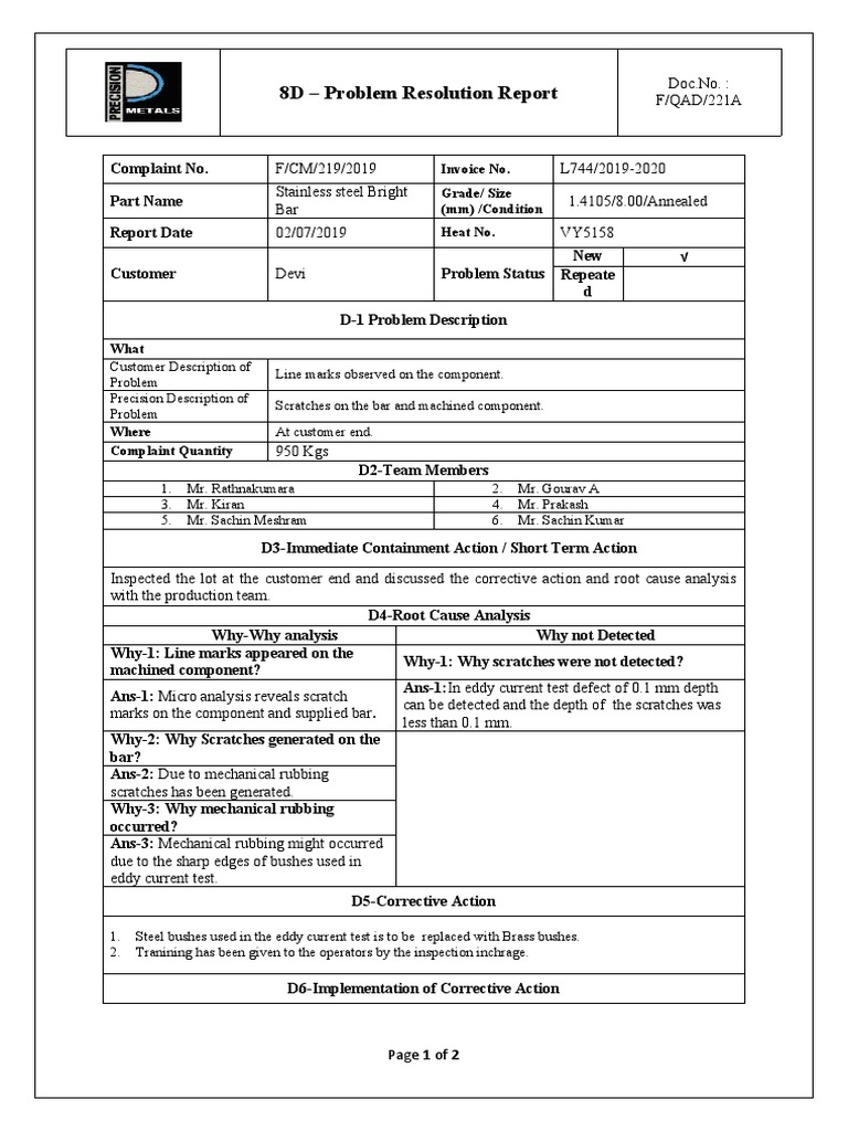 8D - Problem Resolution Report: Invoice No. Grade/ Size (MM) /condition ...