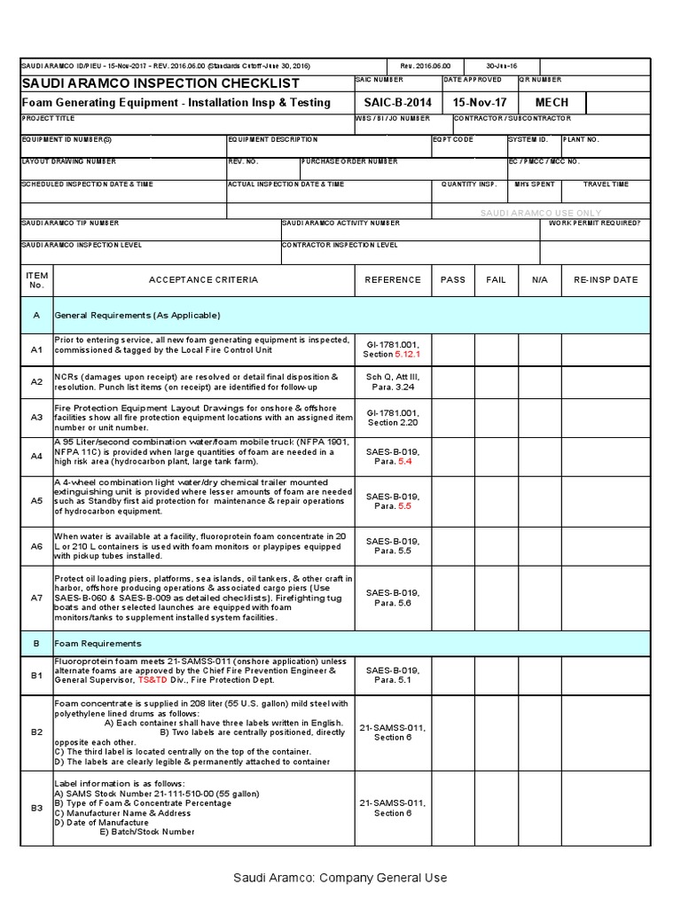 Saudi Aramco Inspection Checklist: Foam Generating Equipment ...
