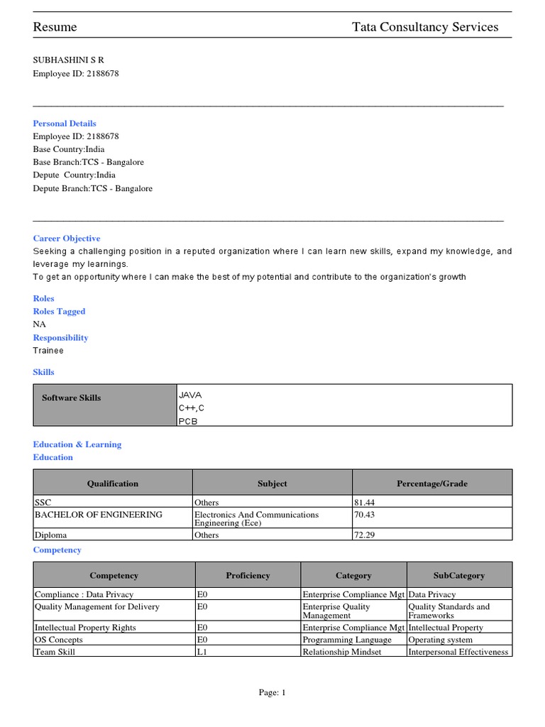 Resume Tata Consultancy Services | PDF | World Wide Web | Internet & Web