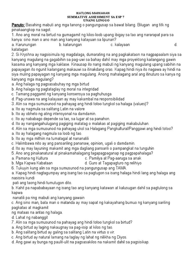 Summative and Performance Q3 Esp7 | PDF