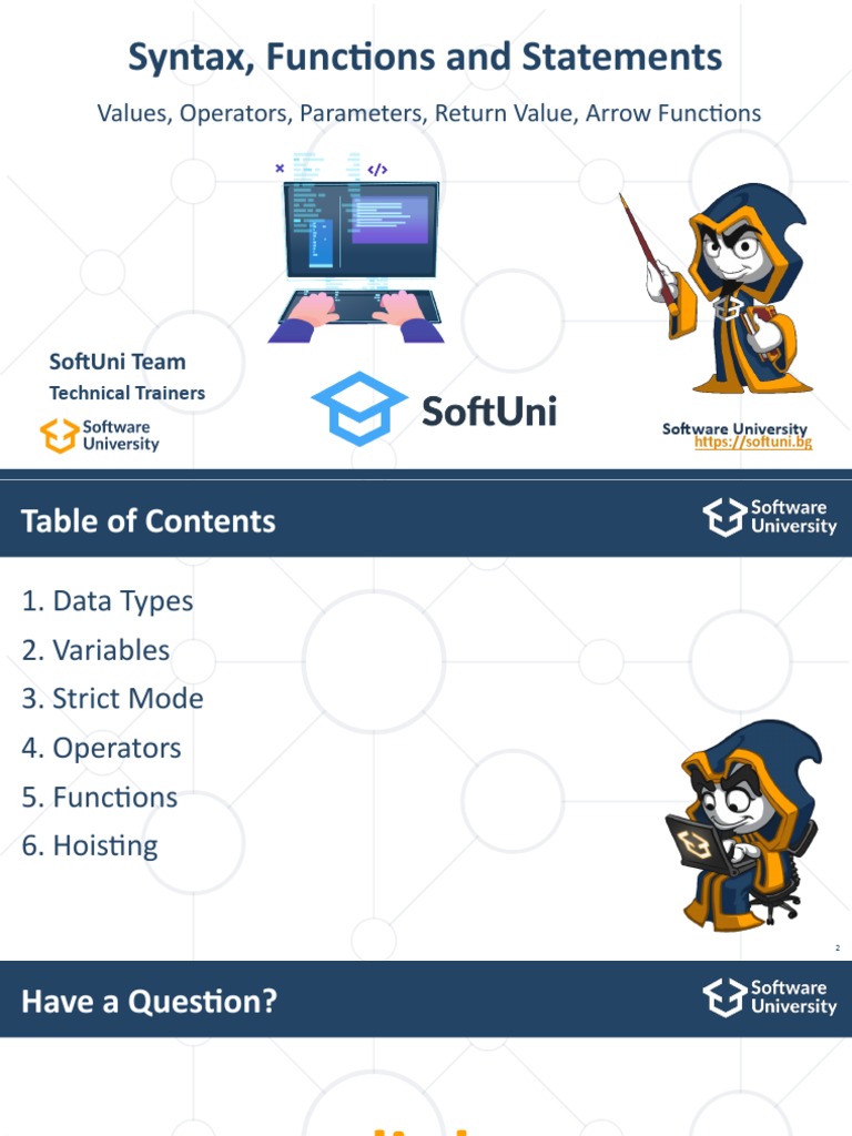 Syntax, Functions and Statements: Values, Operators, Parameters, Return ...