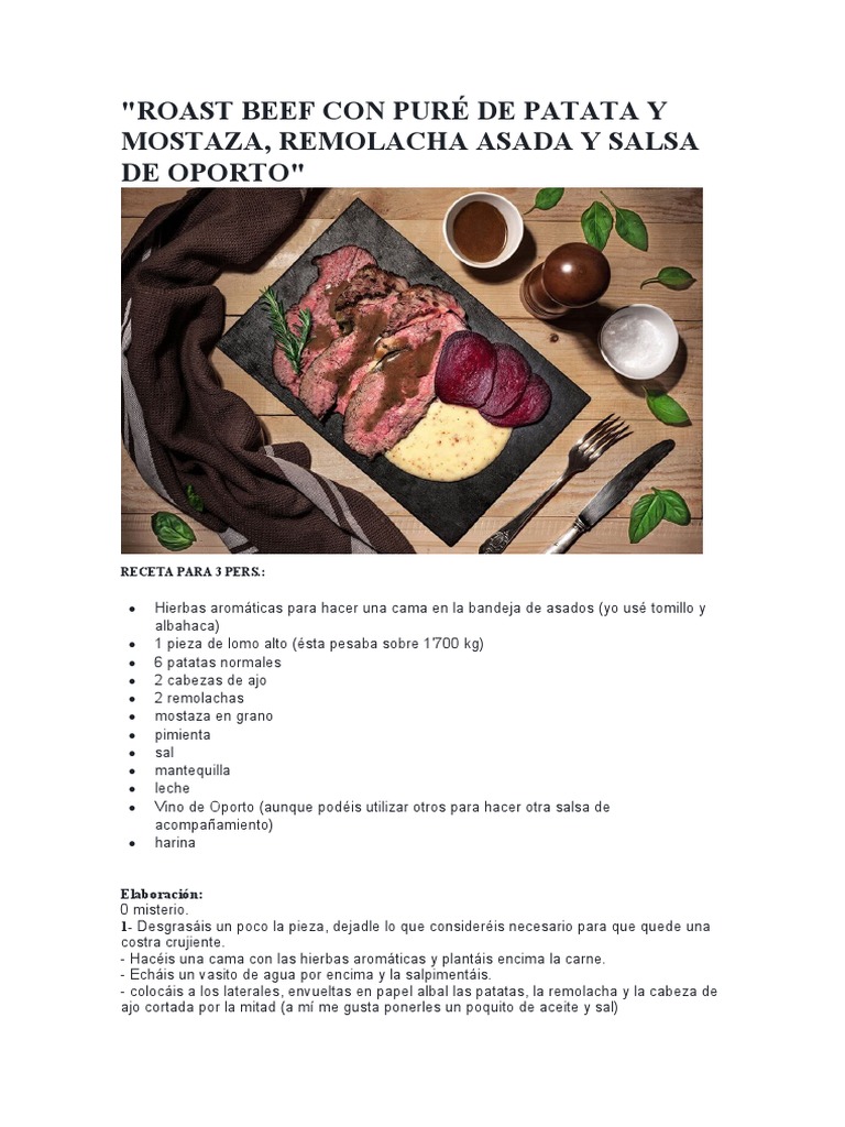 Roast Beef Con Puré de Patata y Mostaza, Remolacha Asada y Salsa de ...