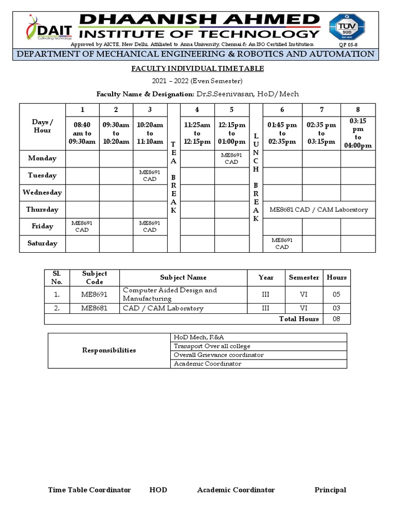 QP 05 - 8 Faculty Individual Time Table | PDF | Academic Term ...