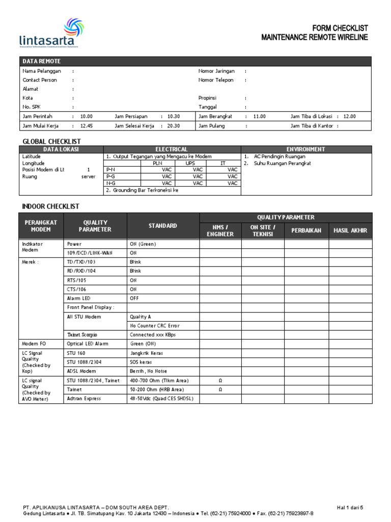 Global Checklist: Form Checklist Maintenance Remote Wireline | PDF ...