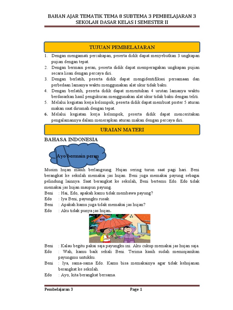 Bahan Ajar Kelas 1 Tema 8 Subtema 3 Pembelajaran 3 | PDF | Seni & Disiplin Bahasa | Kesehatan ...