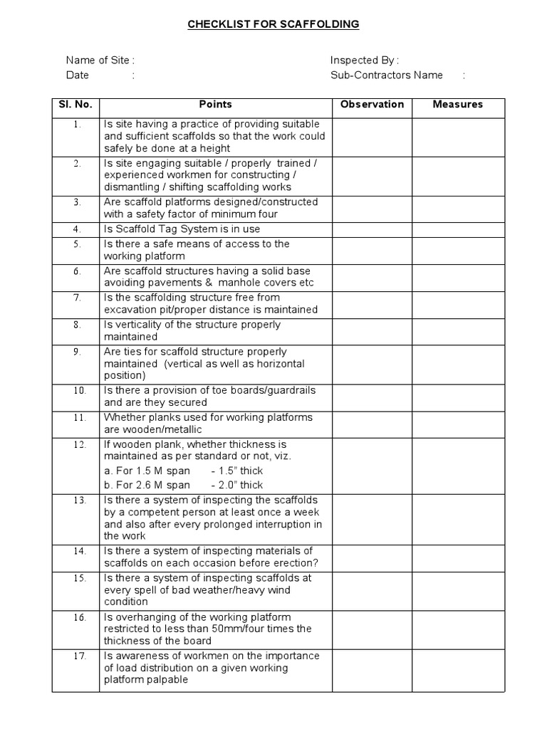 Checklist For Scaffolding 2 | PDF | Scaffolding | Equipment