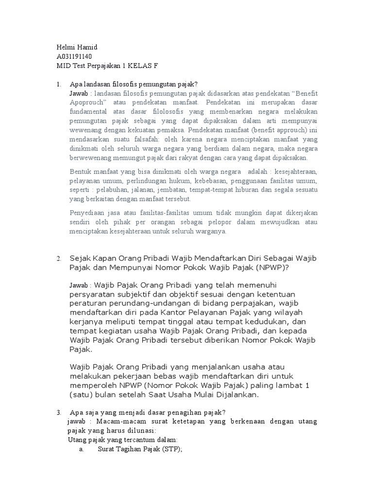 Helmi Hamid - A031191140 - MID TEST PERPAJAKAN | PDF