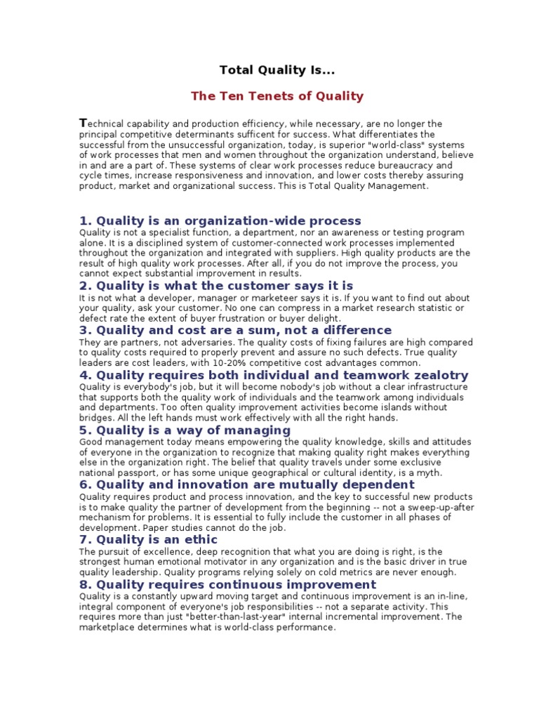 10 Tenets of Quality (Read 09-29-09) | PDF | Quality Management ...