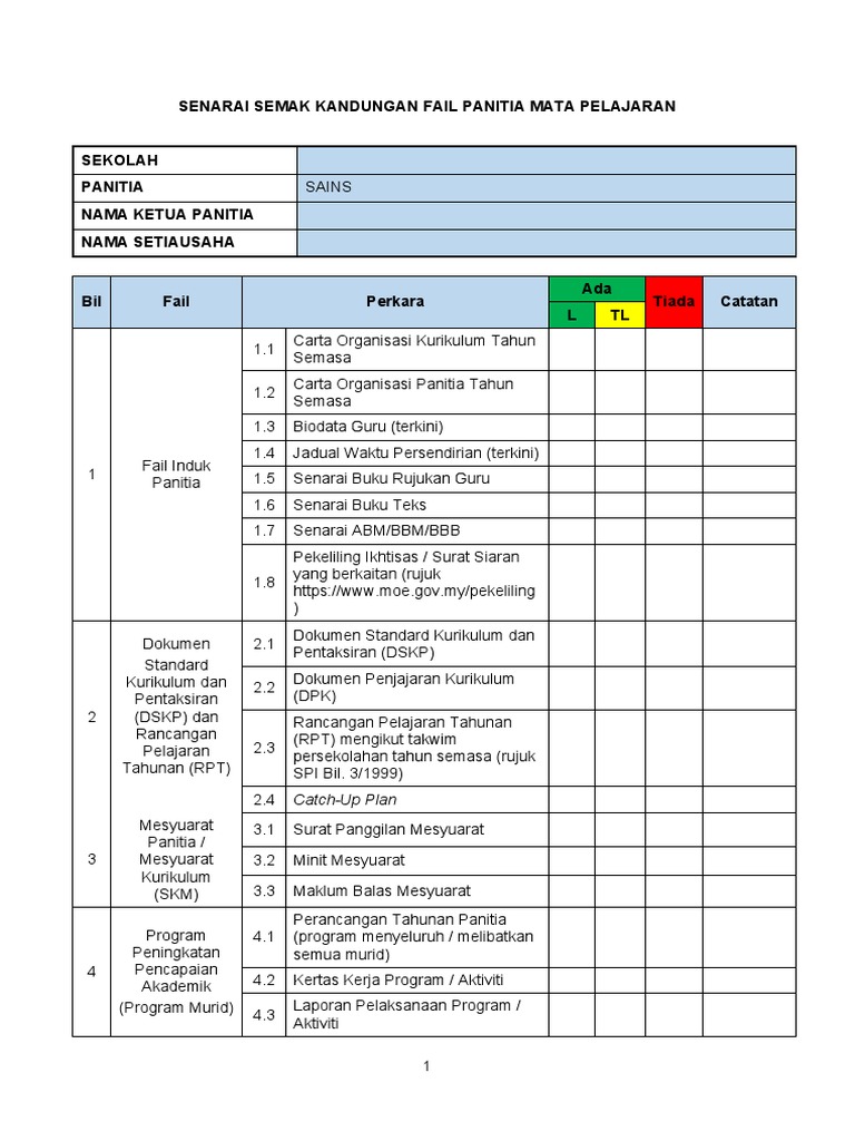 Senarai Semak Kandungan Fail Panitia Mata Pelajaran Sains | PDF