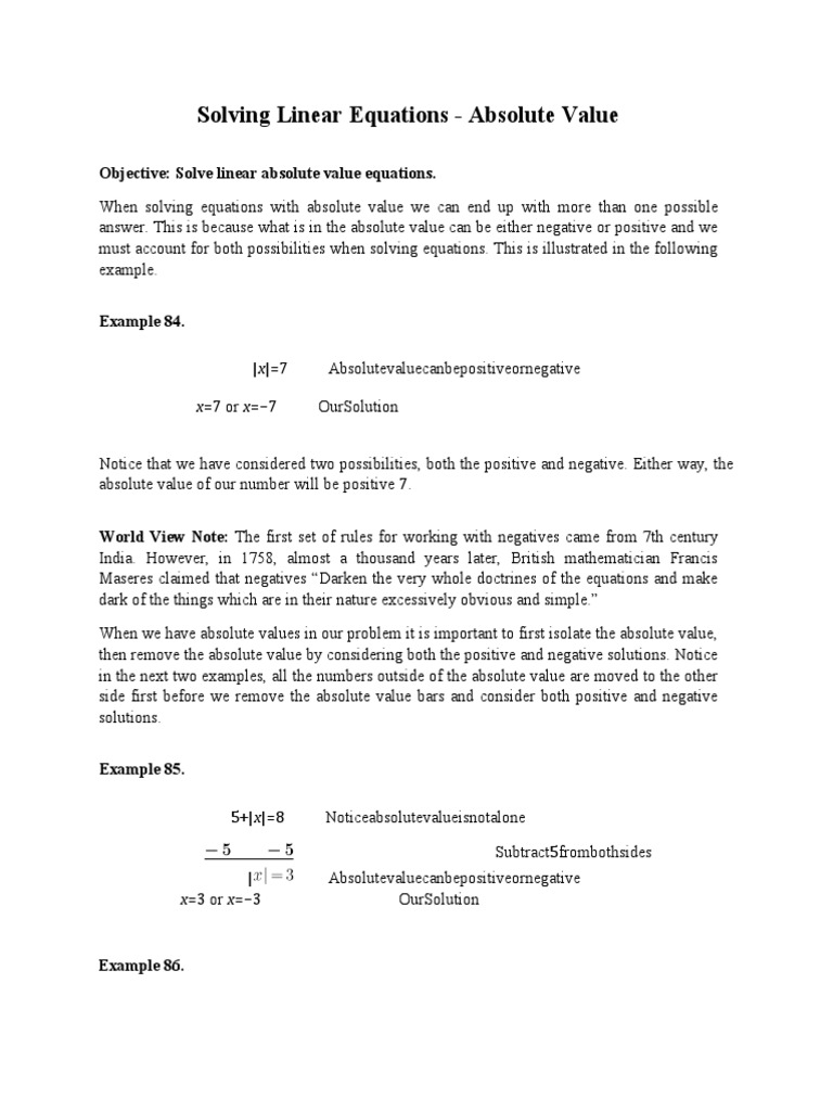 Solving Linear Equations - Absolute Value | PDF | Equations | Numbers