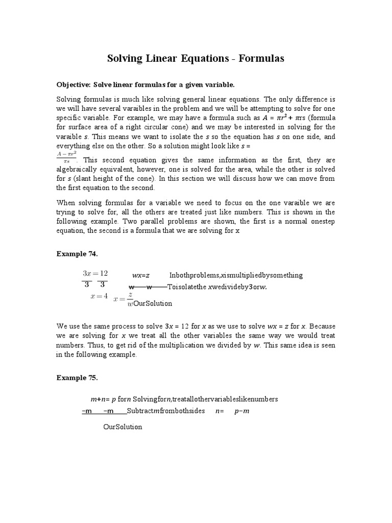 Solving Linear Equations - Formulas | PDF | Equations | Variable (Mathematics)