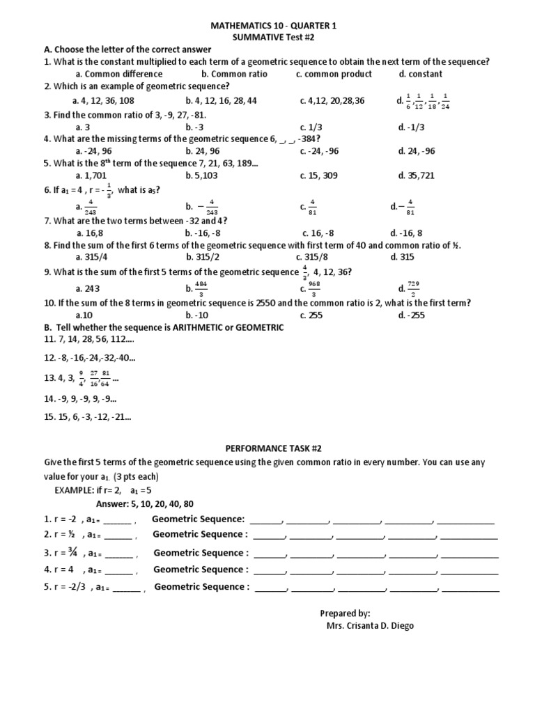 Mathematics 10 - Quarter 1 Summative Test #2 A. Choose The Letter of ...