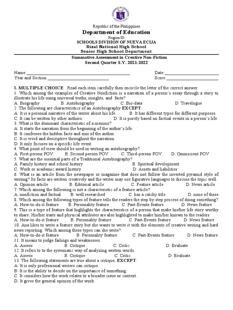 Department of Education: Summative Assessment in Creative Non-Fiction ...