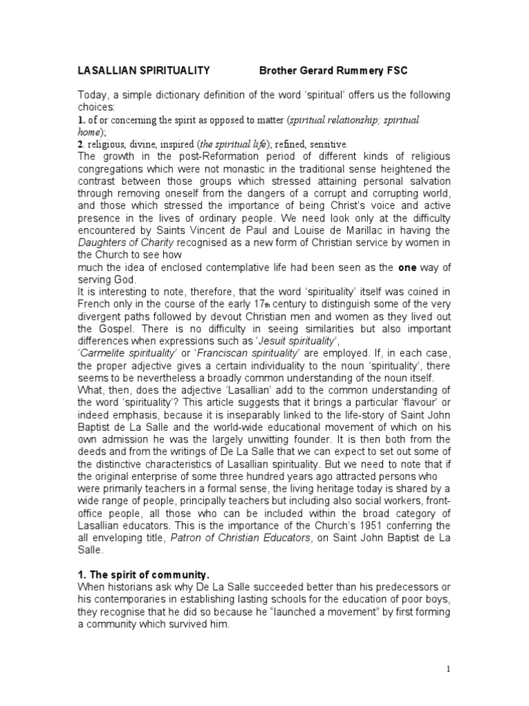 The Distinctive Characteristics of Lasallian Spirituality: Faith ...