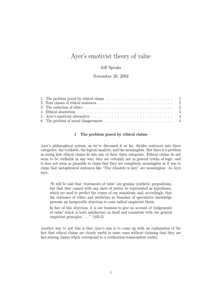 Ayer's Emotivist Theory of Value: Jeff Speaks November 26, 2004 | PDF ...