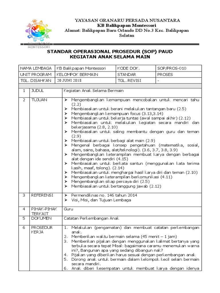 Sop Paud Kegiatan Selama Main | PDF | Kesehatan Holistik