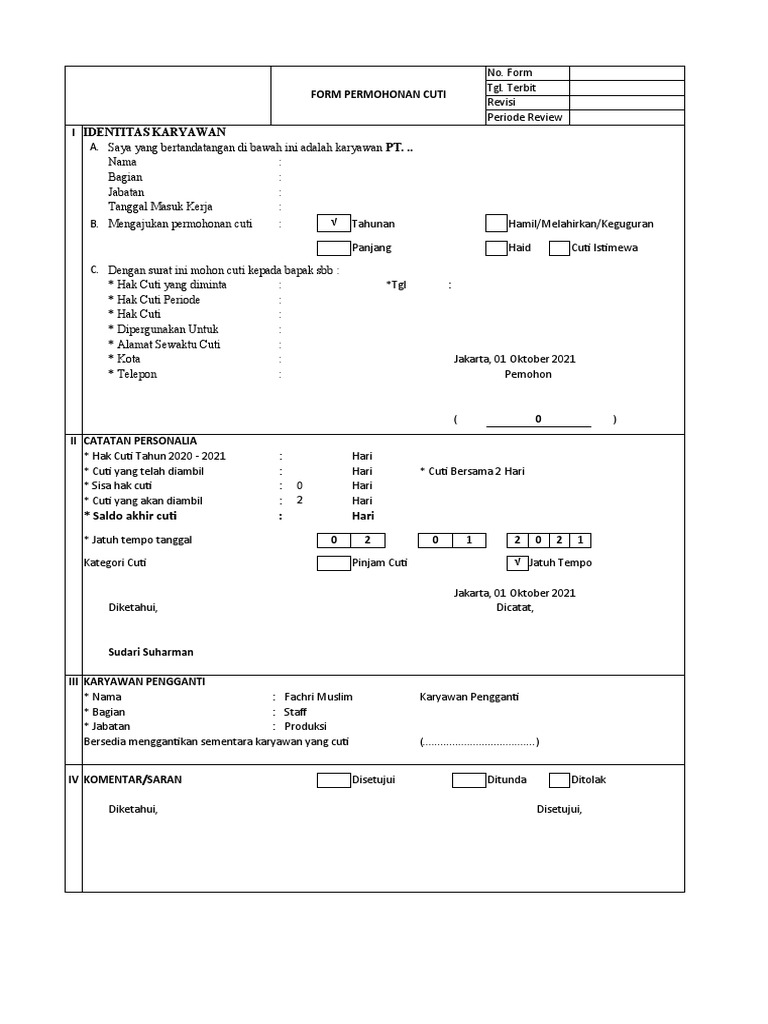 Contoh Form Cuti Perusahaan | PDF