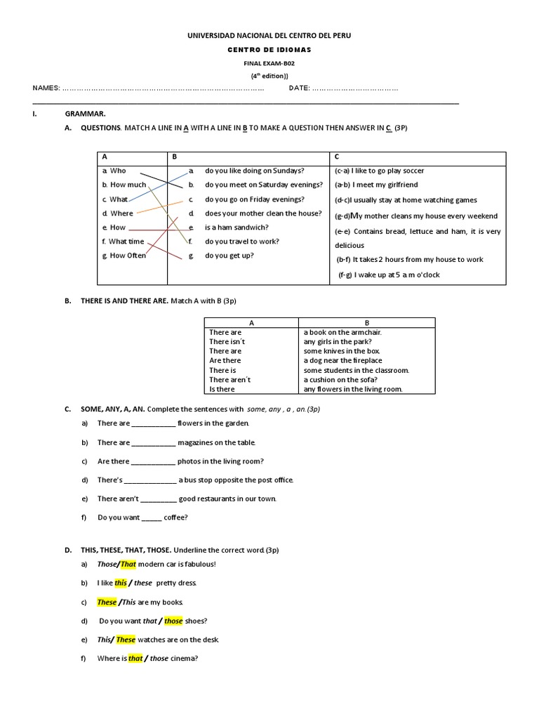 Centro de Idiomas: Final Exam-B02 (4 Edition) ) | PDF | Home | Interior Design