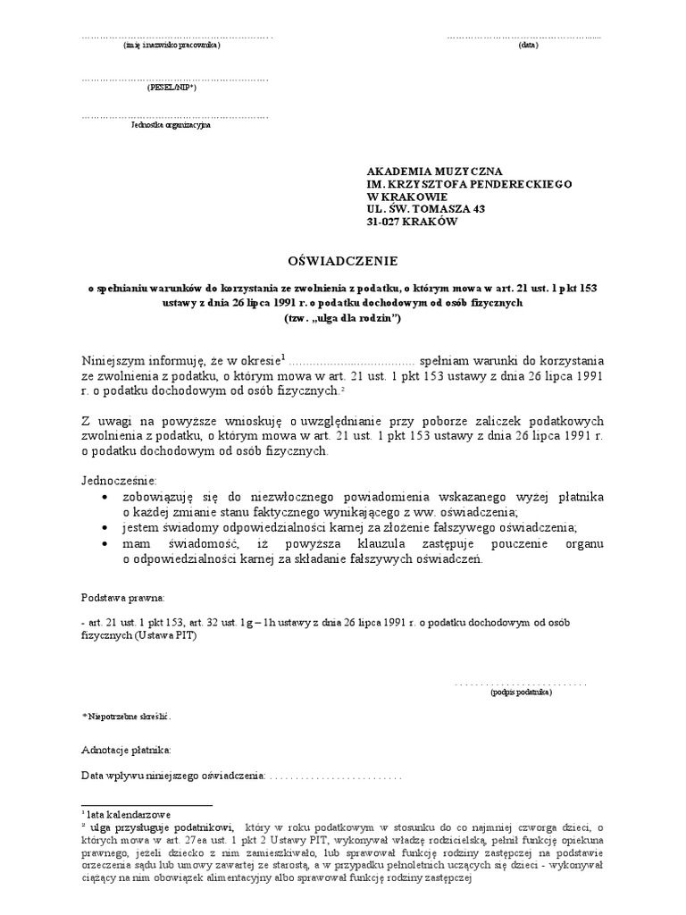 OSWIADCZENIE Ulga Dla Rodzin | PDF OSWIADCZENIE Ulga Dla Rodzin | PDF