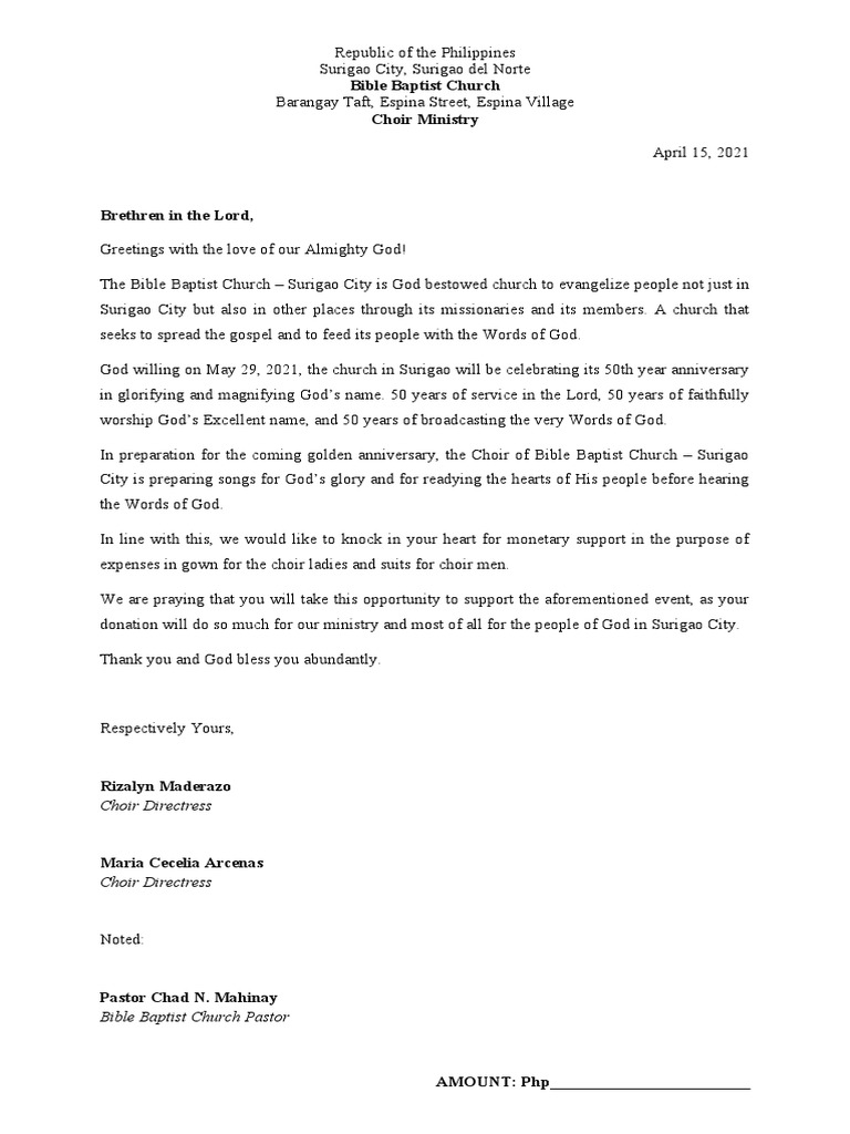 Choir Anniversary Support Request Letter | PDF | Religion & Spirituality