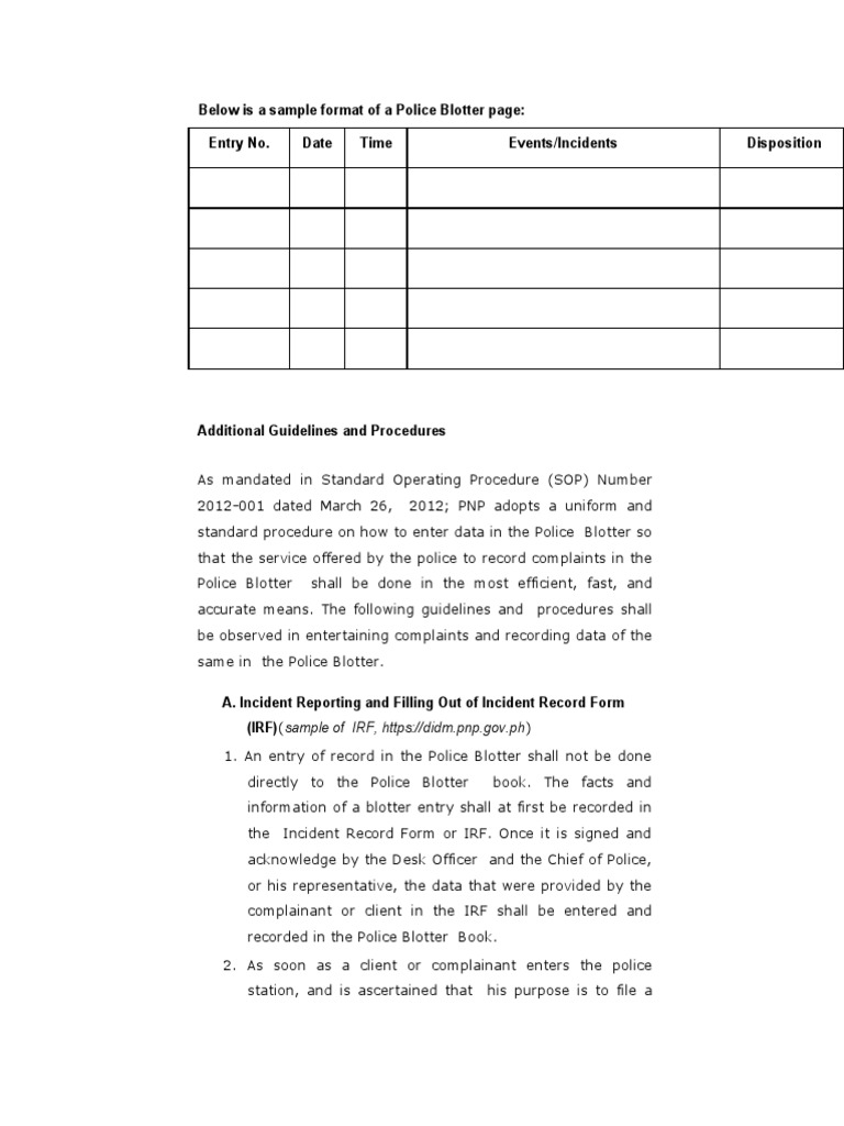 Below Is A Sample Format of A Police Blotter Page: Entry No. Date Time ...