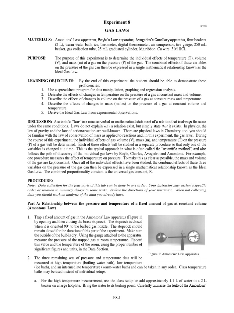 Experiment 8 Gas Laws: Figure 1: Amontons' Law Apparatus | PDF | Gases ...