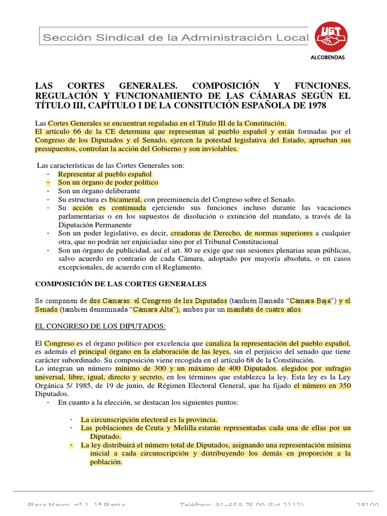 La composición y funciones de las Cortes Generales según la ...