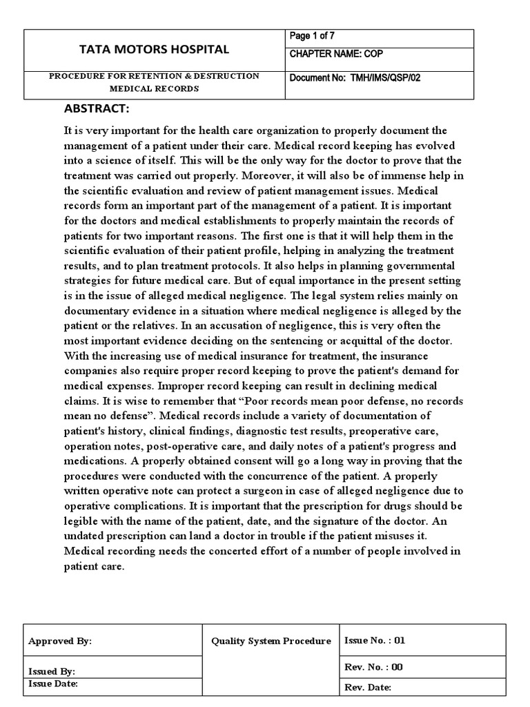 Policy & Procedure For Retention and Destruction of Medical Records ...