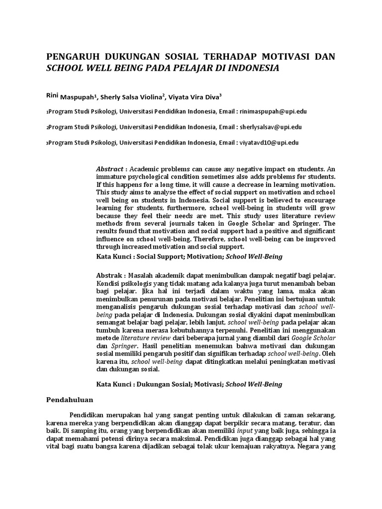 Pengaruh Dukungan Sosial Terhadap Motivasi Dan School Well Being Pada Pelajar Di Indonesia | PDF