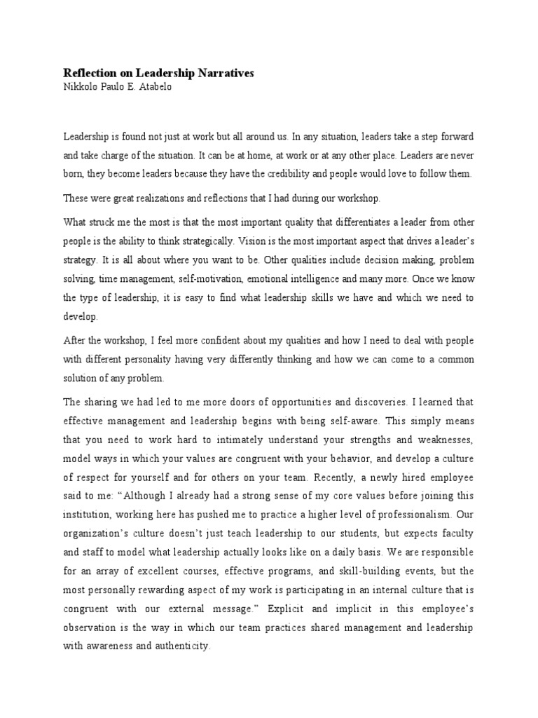 Reflection On Leadership Narratives | PDF | Leadership | Cognitive Science