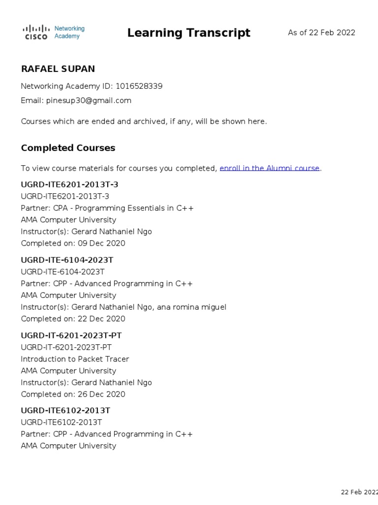 NetAcad Learning Transcript | PDF