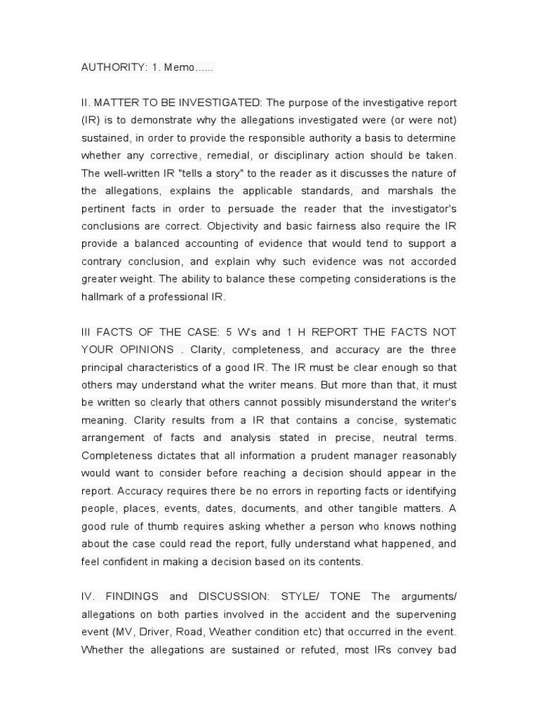 Investigation Report Example | PDF | Evidence | Accuracy And Precision