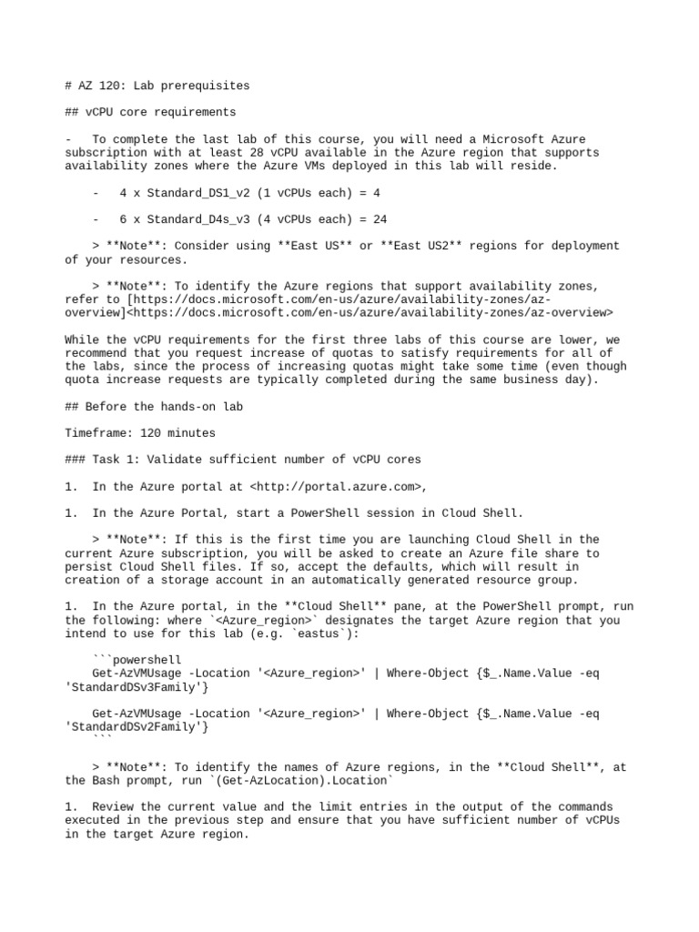 Ensuring sufficient vCPU quotas for hands-on Azure lab deploying VMs ...