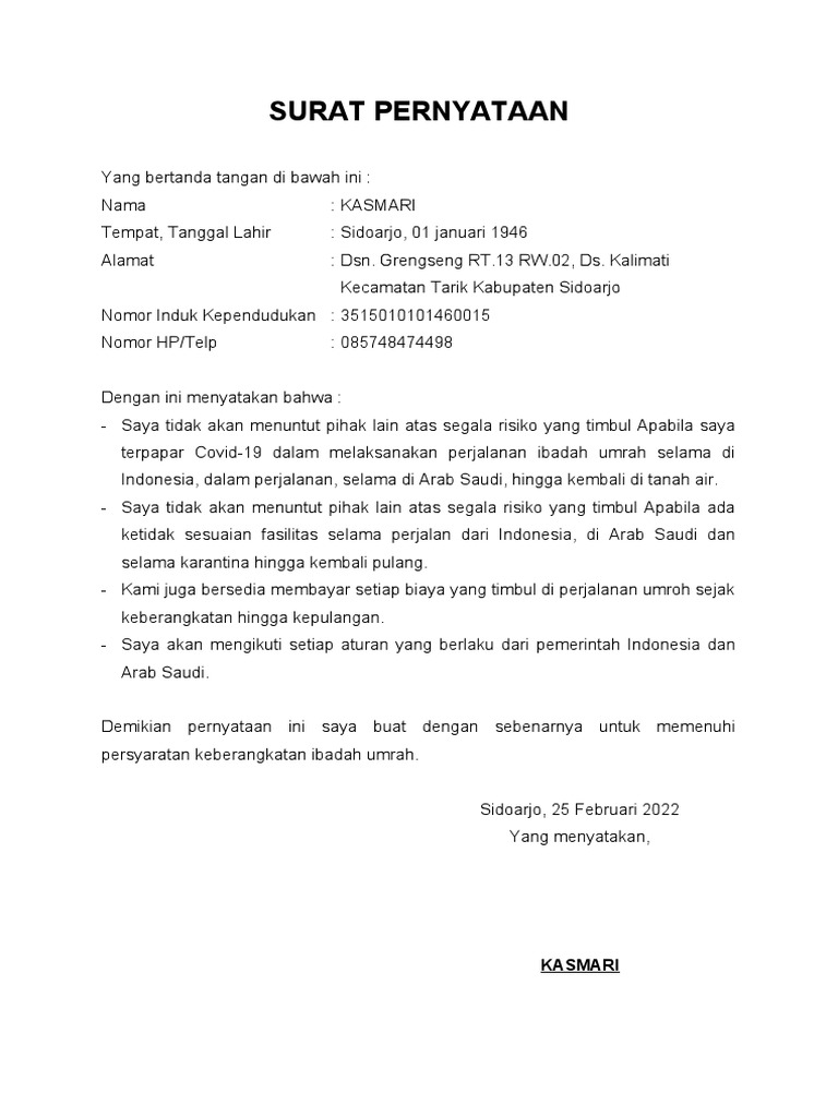 Surat Pernyataan Umrah Mandiri Kasmari | PDF
