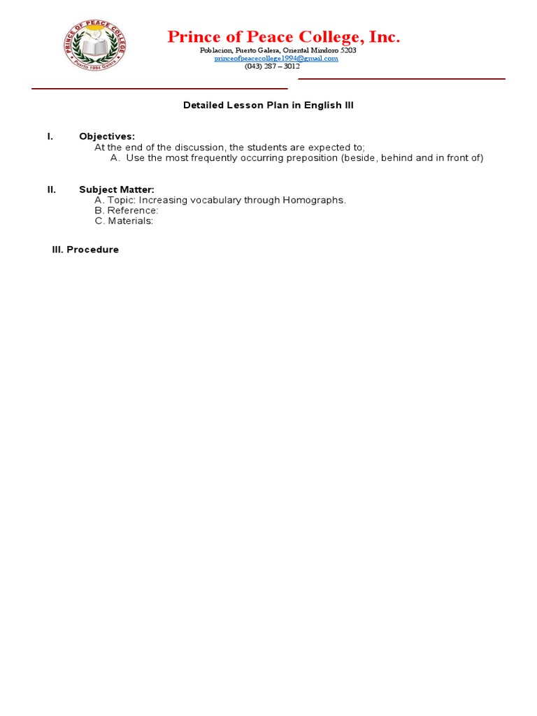 Detailed Lesson Plan in Eng III Prepositions In, On, at | Download Free ...