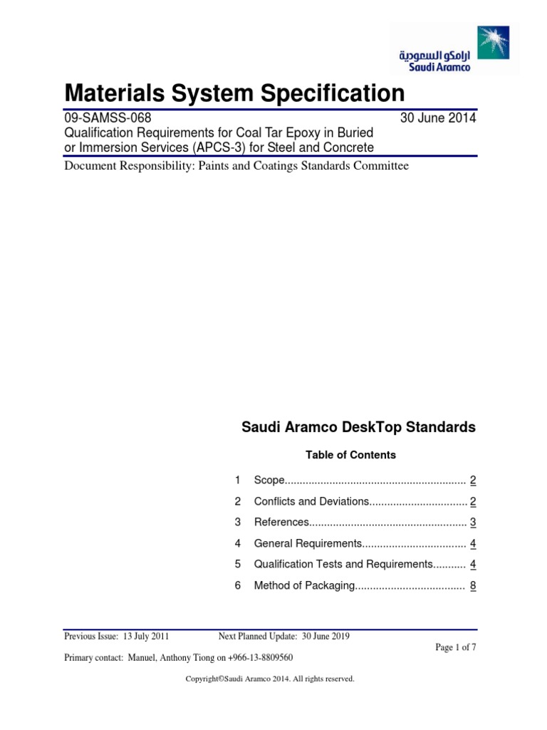 09-SAMSS-068 Qualification Requirements For Coal Tar Epoxy in Buried or ...