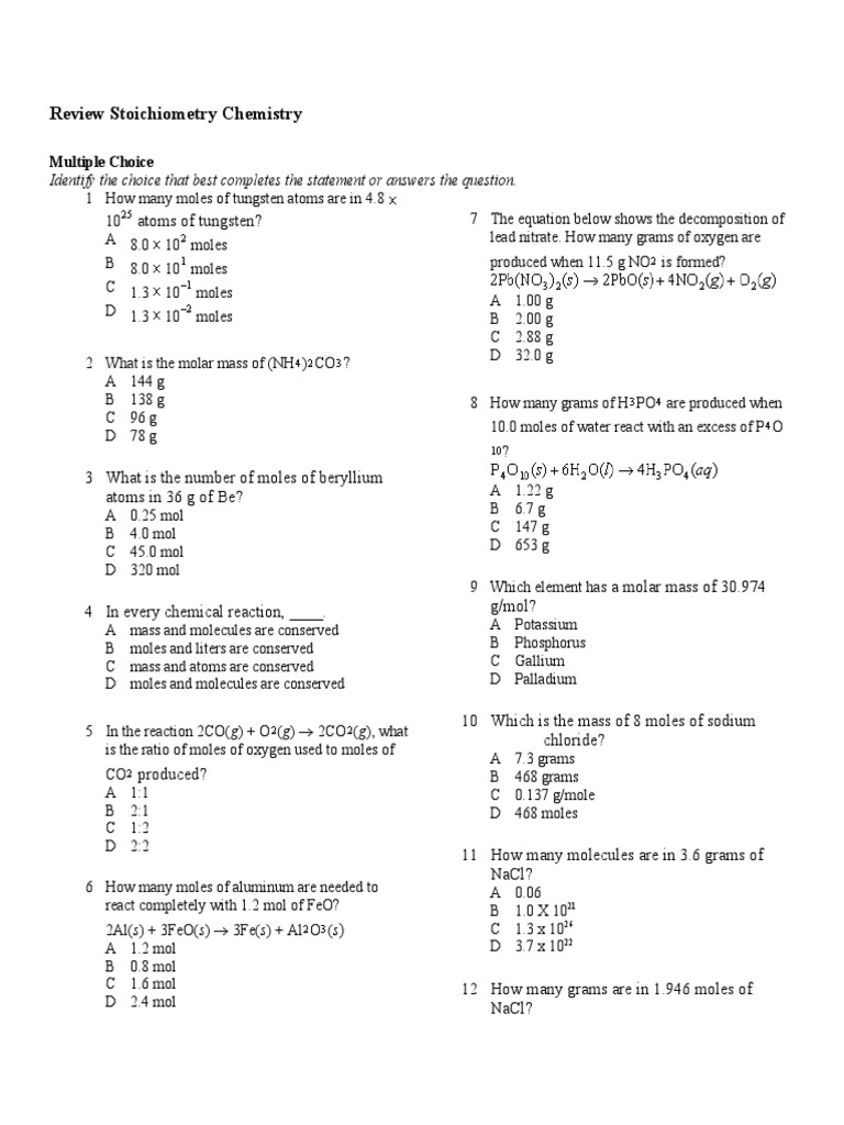 Review Stoichiometry Chemistry Practice Quiz and Answers | PDF | Mole ...